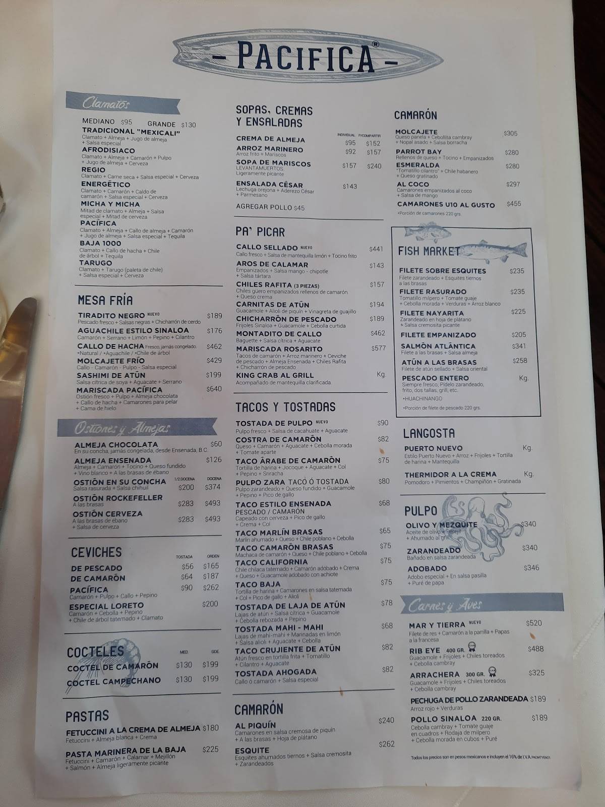 Carta de Pacifica Langosta Bar San Jeronimo, Monterrey