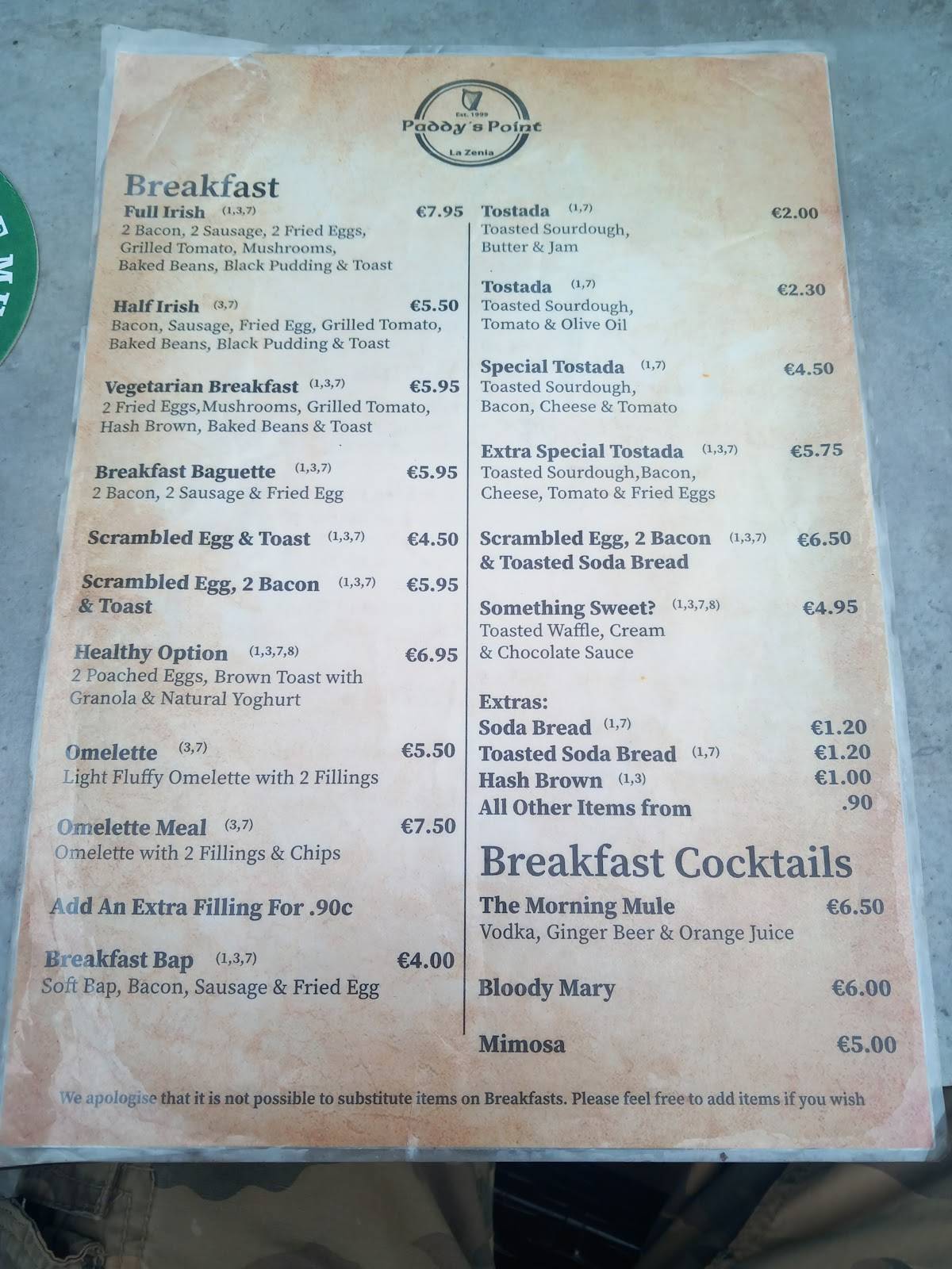 Menu at Paddy's Point Irish Bar & Restaurant, La Zenia