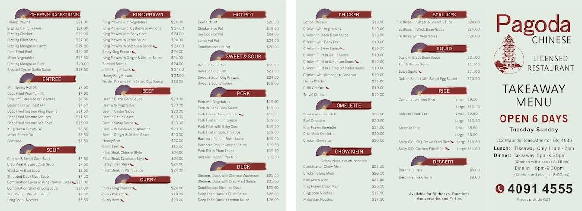 Menu at Pagoda Chinese Restaurant, Atherton