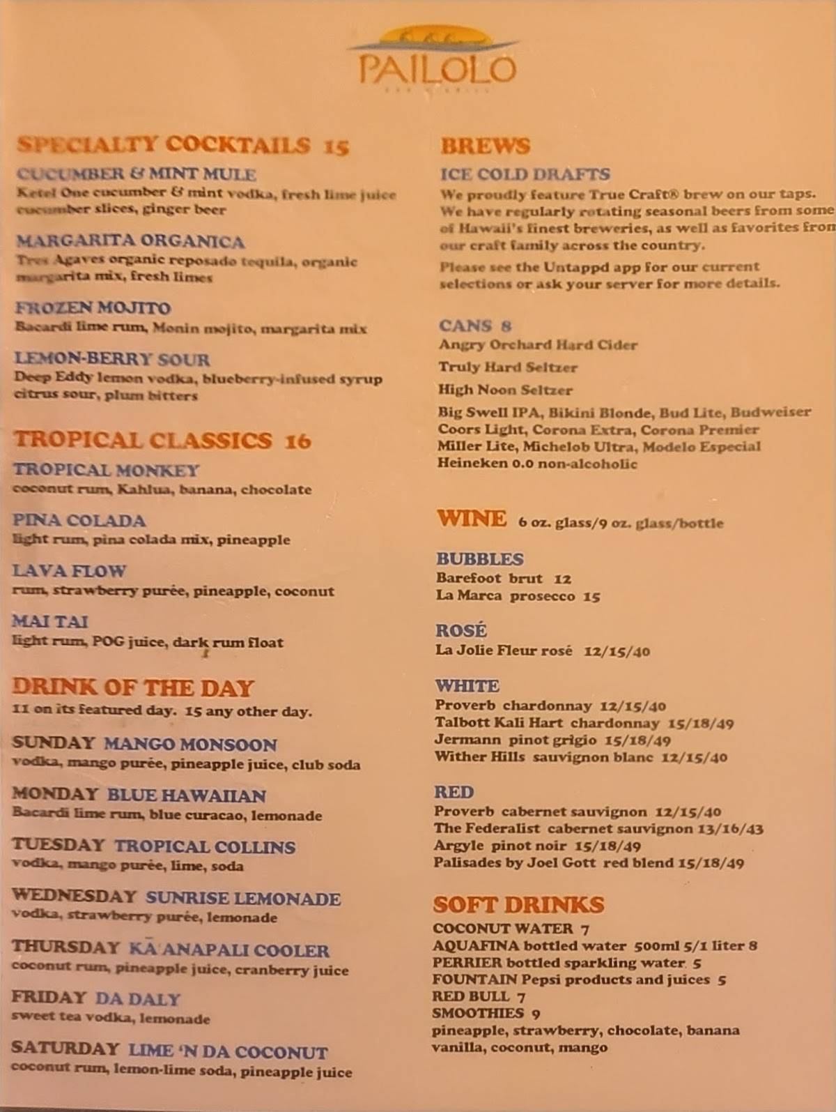 Menu at Pailolo Bar & Grill, Lahaina