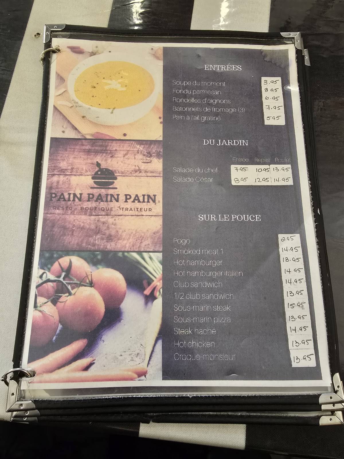 Menu at Pain Pain Pain restaurant, Canada