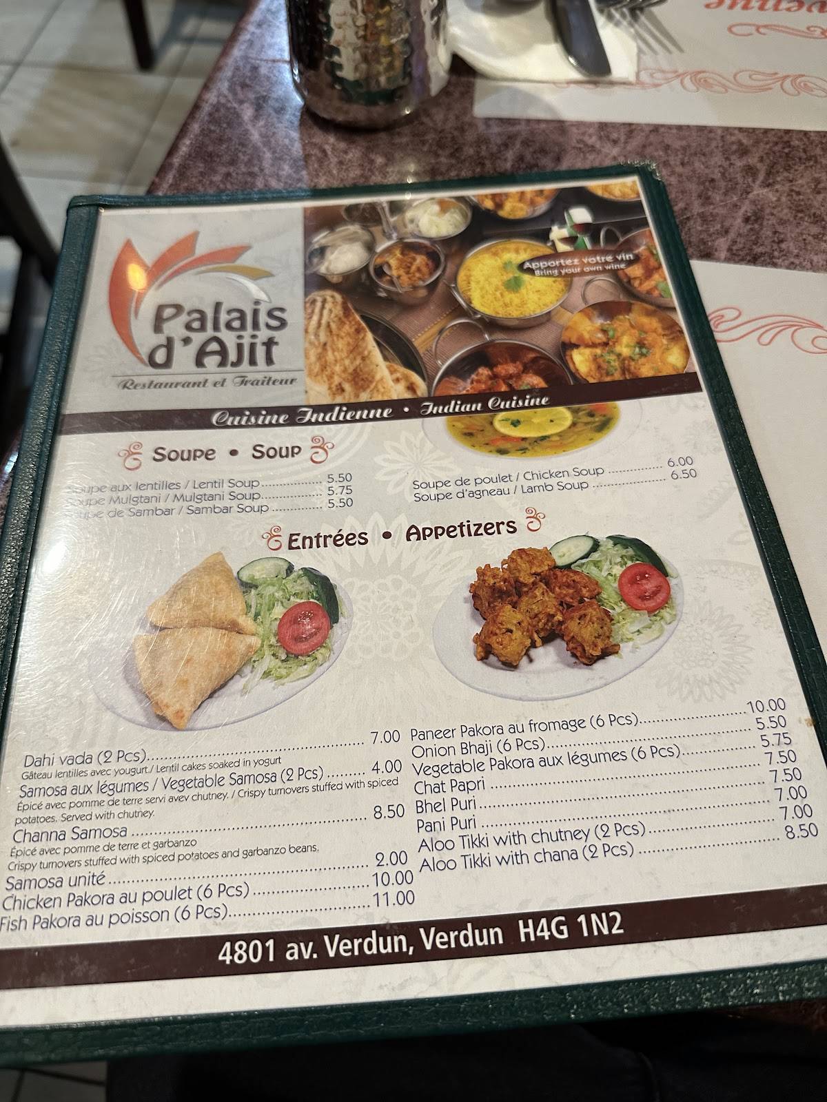 Menu au Palais d'Ajit restaurant, Montréal