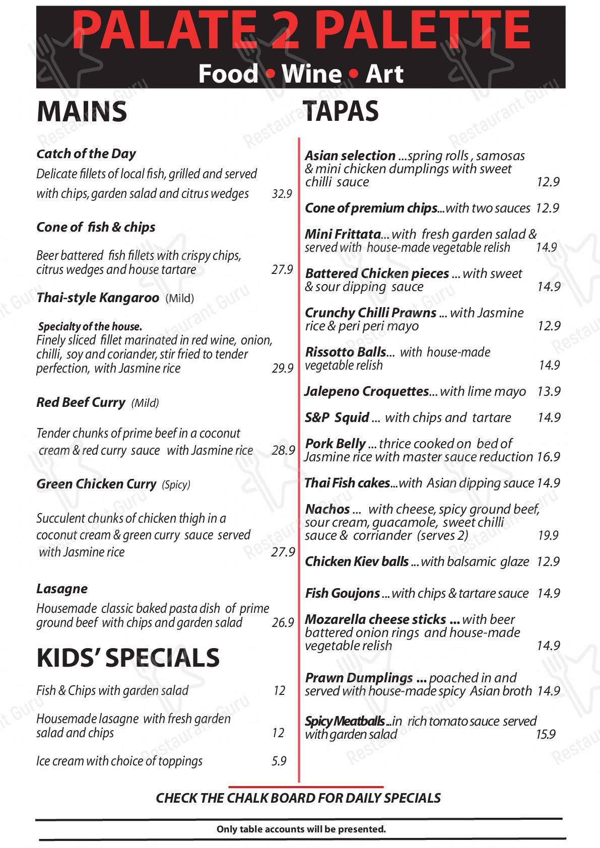 Menu at Palate 2 Palette restaurant, Port Broughton