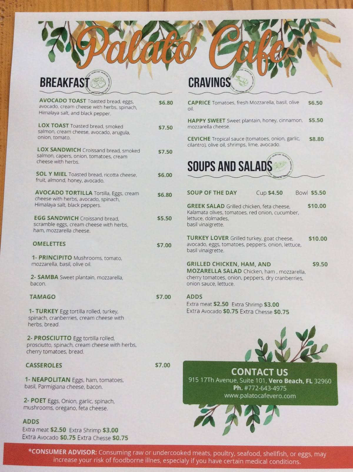 Menu at Palato Cafë pub & bar, Vero Beach