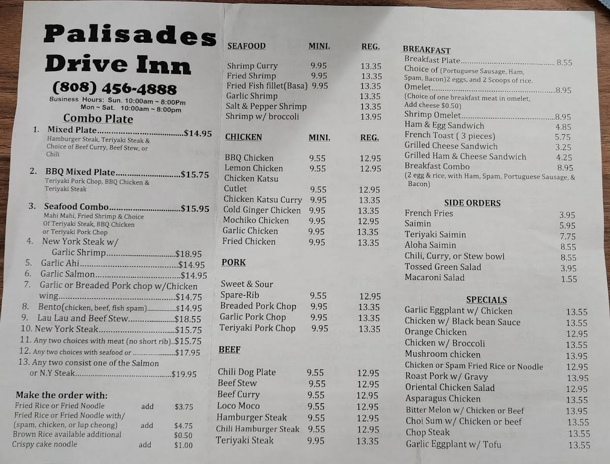 Menu at Palisades Drive Inn BBQ, Pearl City, Auhuhu St