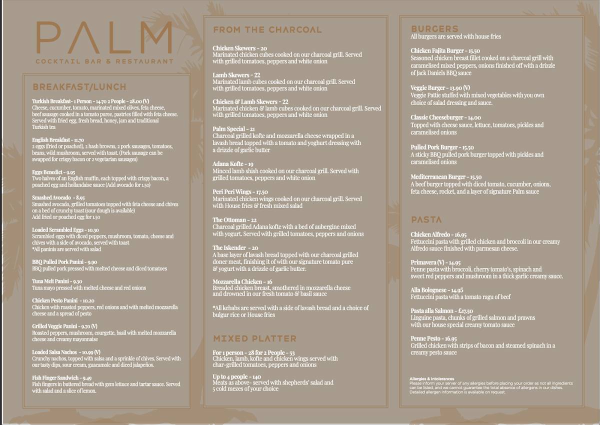 Menu at Palm Bar & Restaurant, Hull