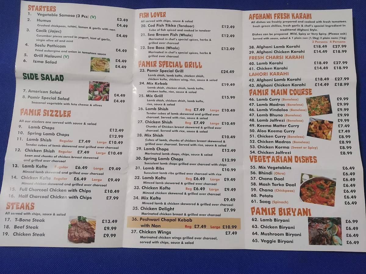 Menu at Pamir Restaurant, Coventry