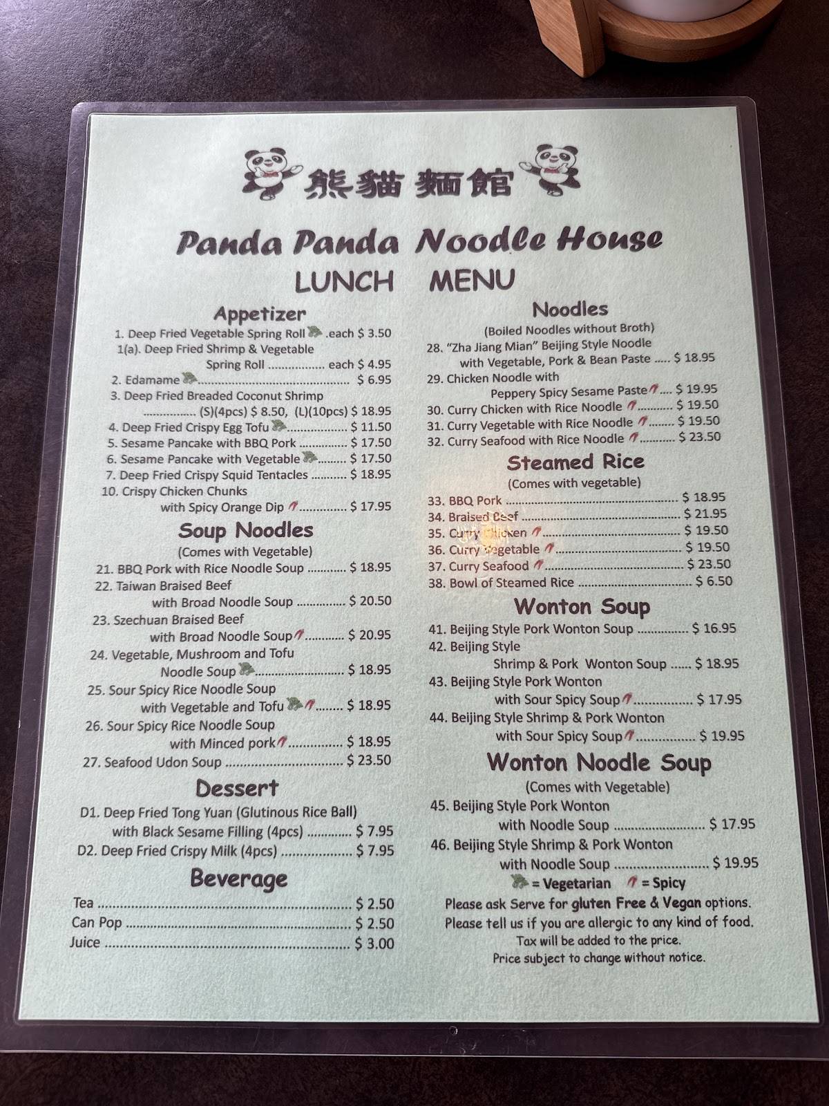 Menu at Panda Panda Noodle House restaurant, Whitehorse