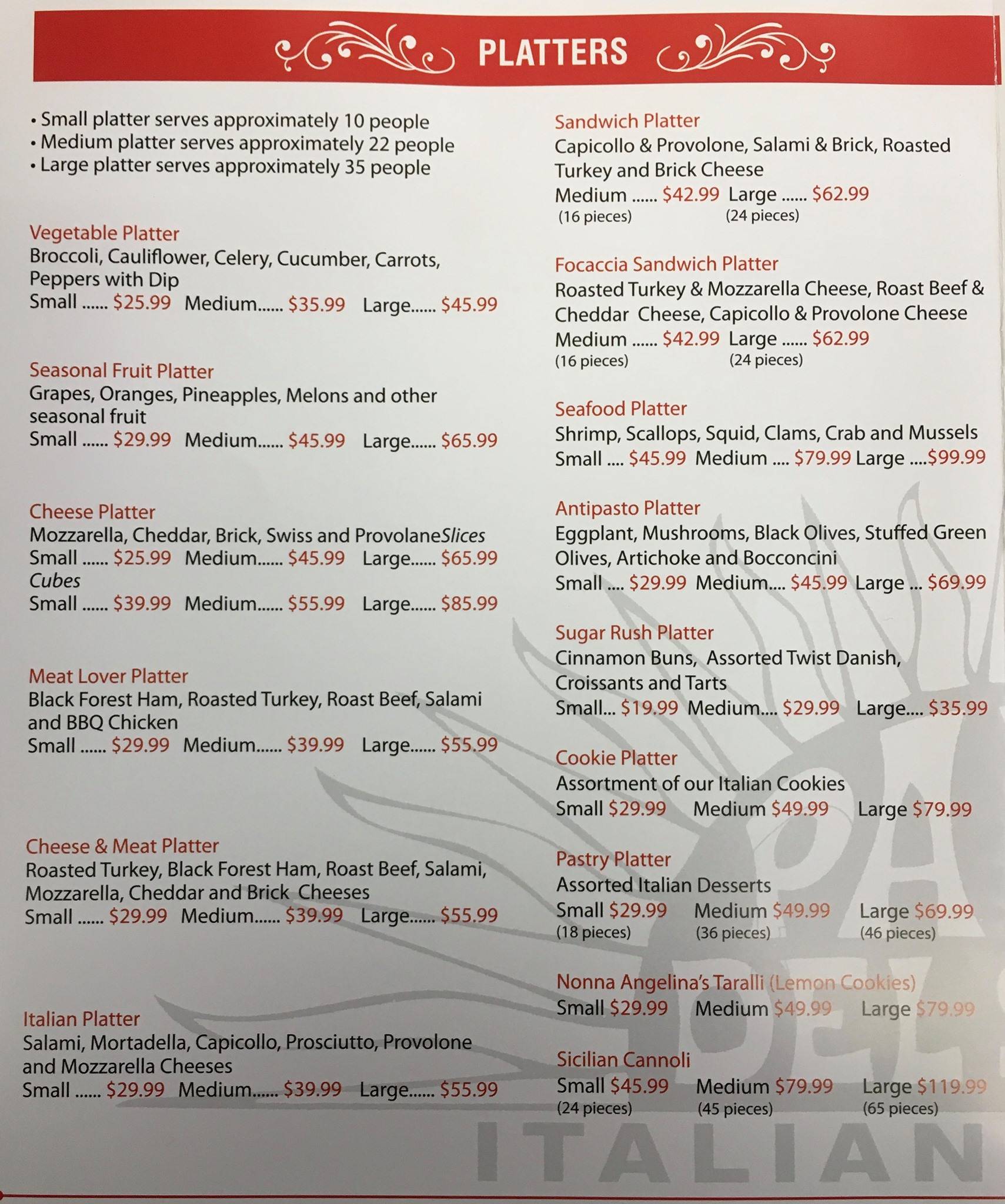 Menu at Pane Del Sole restaurant, Hamilton