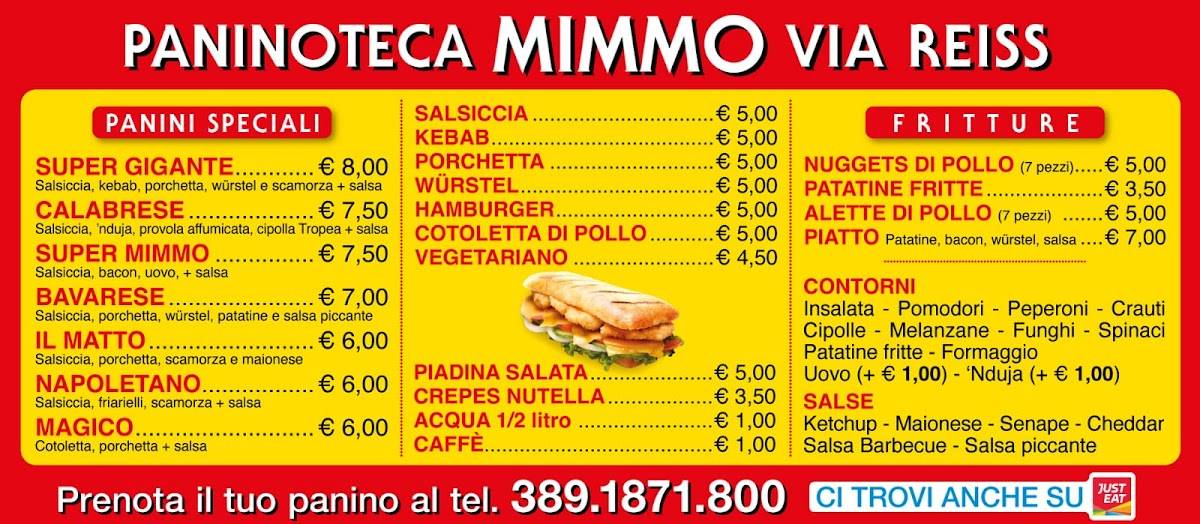 Menu at Paninoteca Mimo restaurant, Turin