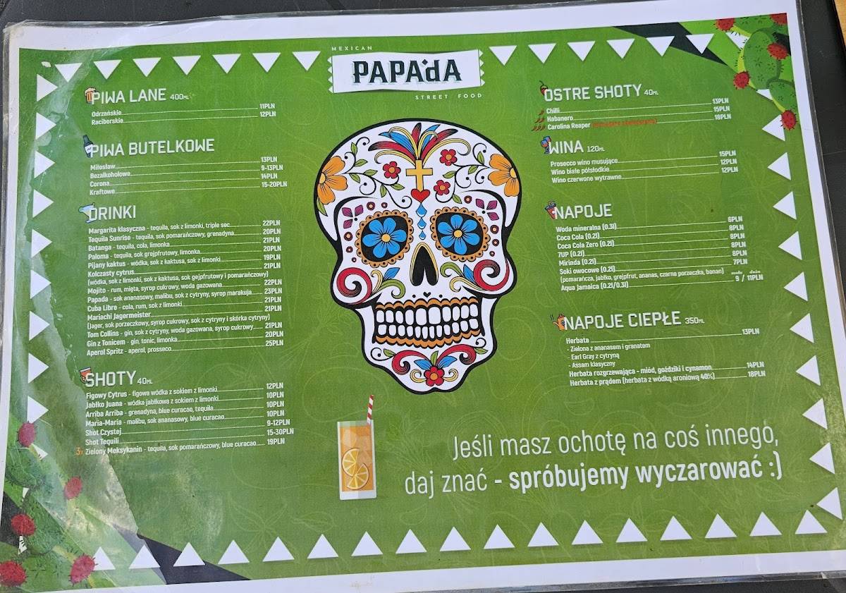 Menu at Papada restaurant, Opole