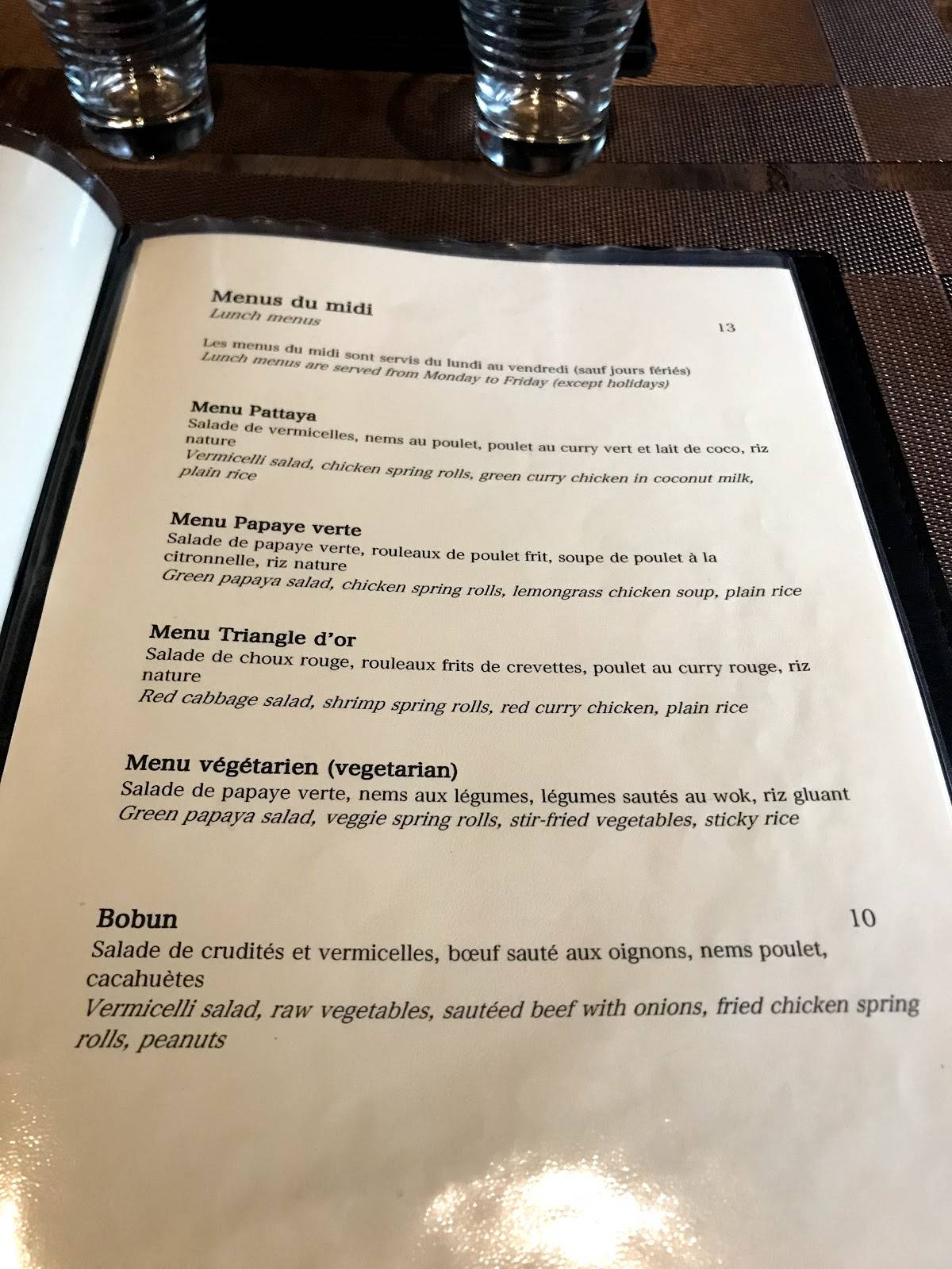 Menu au Papaye Verte restaurant, Orsay