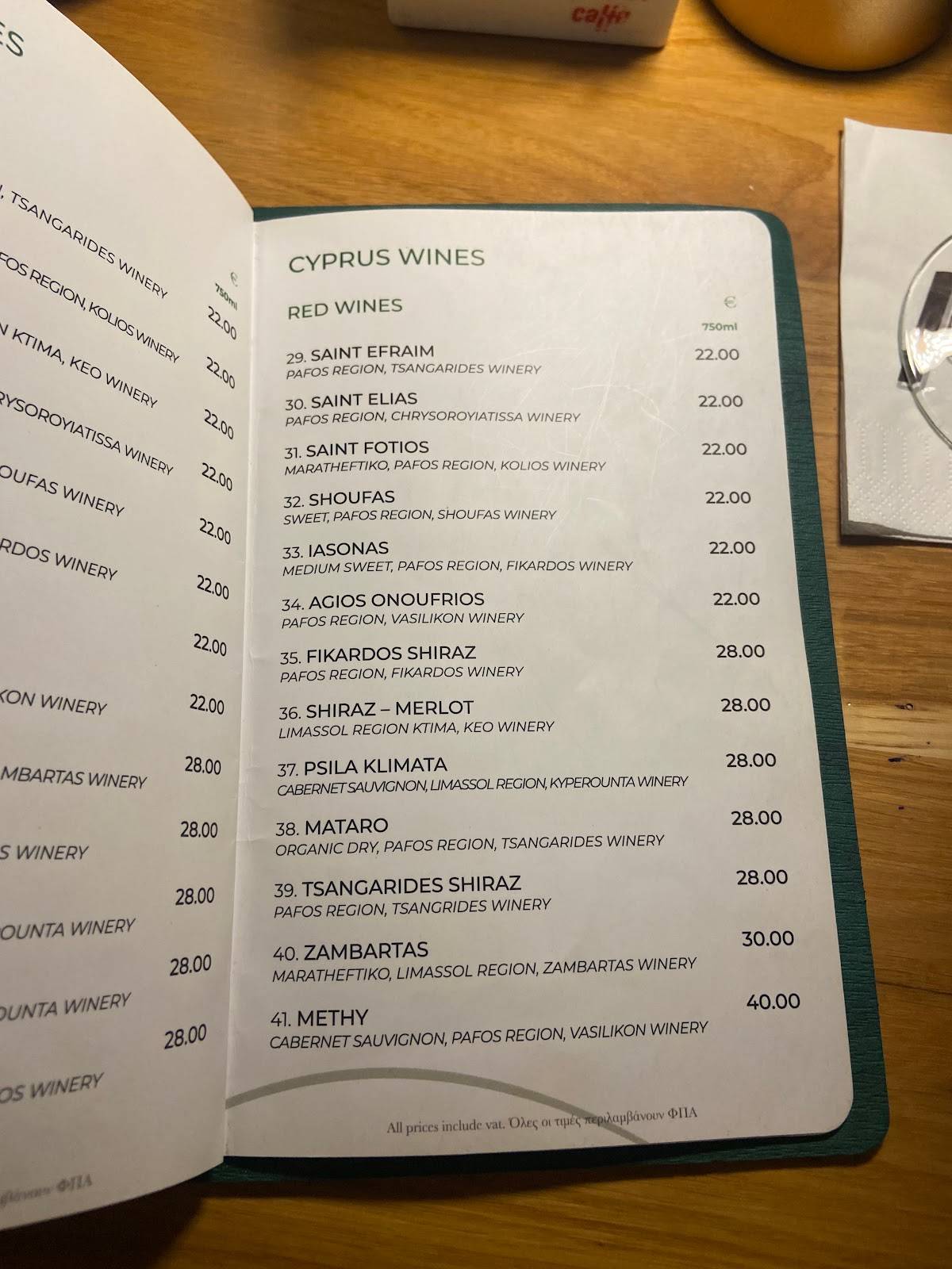 Menu at Muse, Paphos