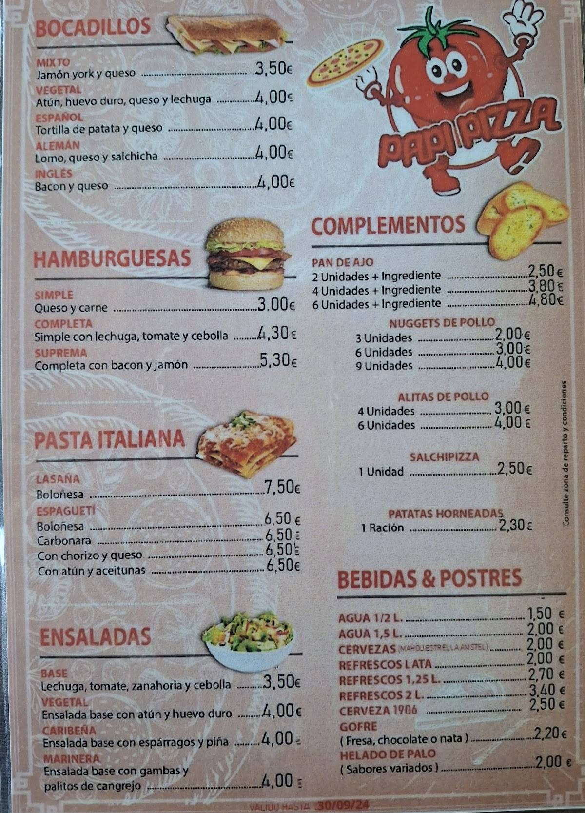 Carta del restaurante Papi Pizza, Puenteareas