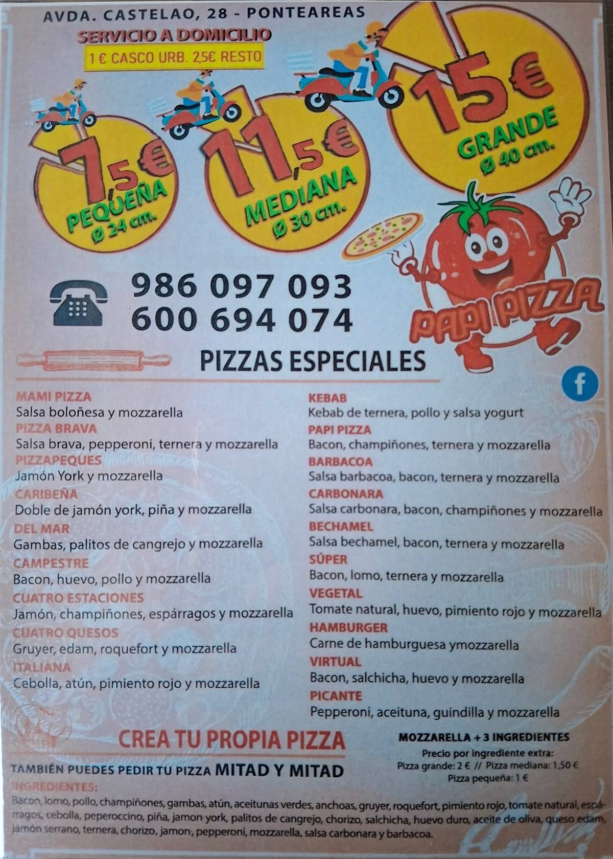 Carta del restaurante Papi Pizza, Puenteareas