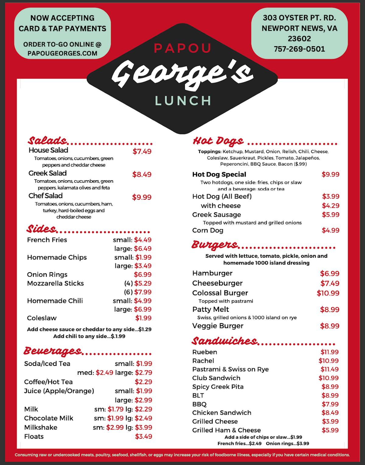Menu at Papou George's Hot Dogs restaurant, Newport News
