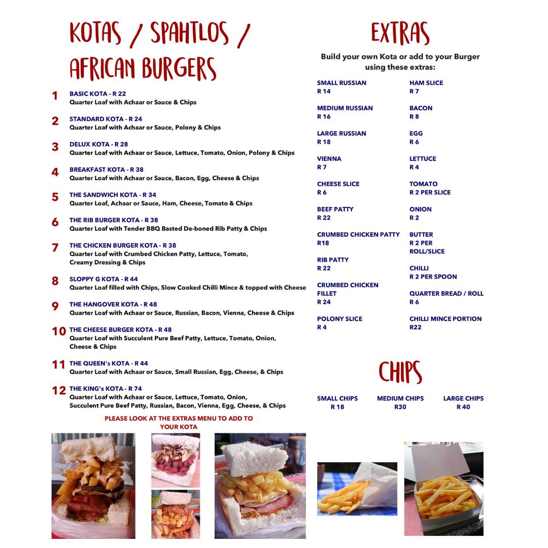 Menu at Pappa G's Kota Kings restaurant, Pretoria