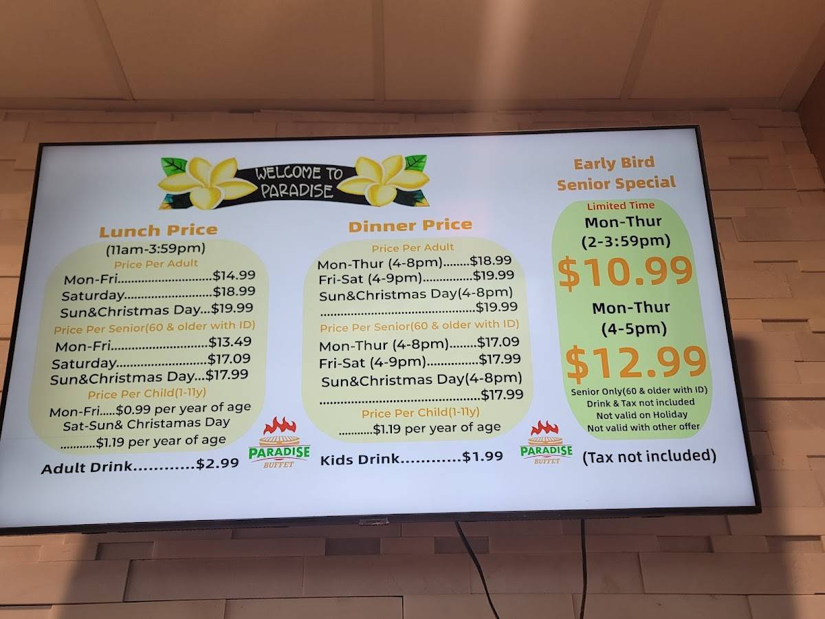 Menu at Paradise Buffet restaurant, Garden Grove