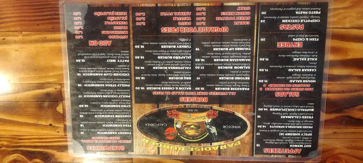 Menu at Paradise Burger And Kitchen pub & bar, Windsor