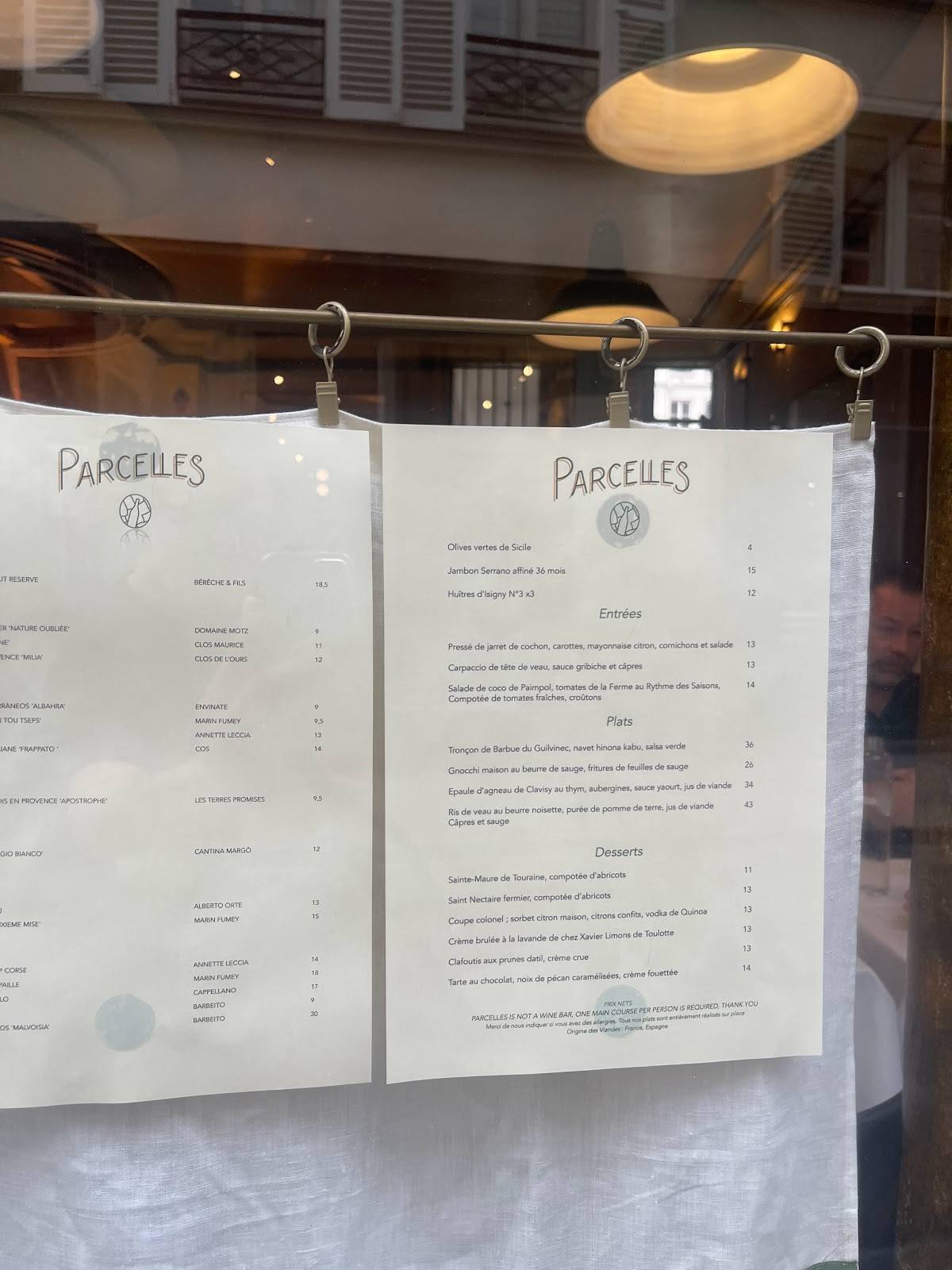 Menu at Parcelles restaurant, Paris