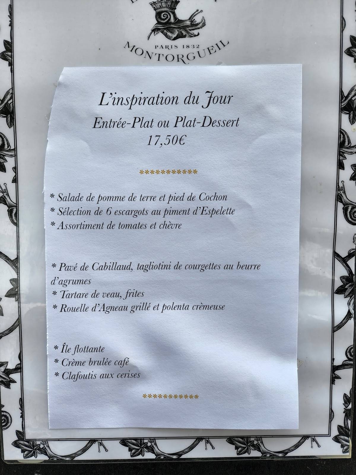 Menu at L'Escargot restaurant, Paris, 38 Rue Montorgueil