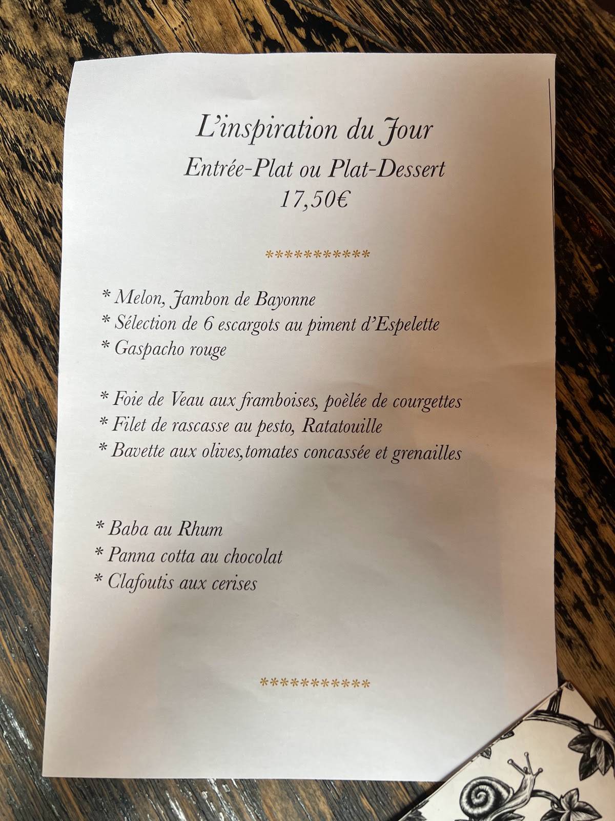Menu at L'Escargot restaurant, Paris, 38 Rue Montorgueil