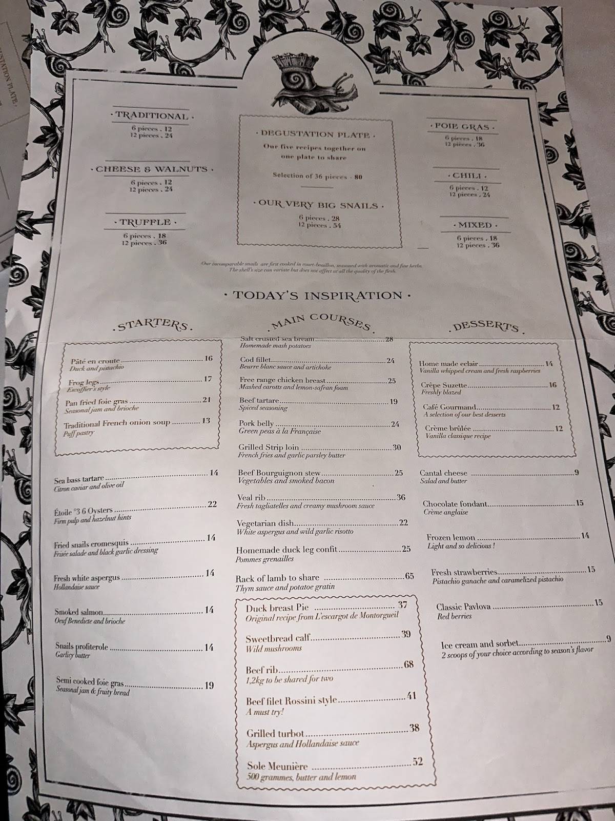 Menu at L'Escargot restaurant, Paris, 38 Rue Montorgueil