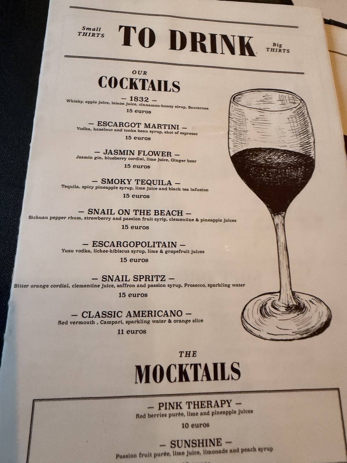 Menu at L'Escargot restaurant, Paris, 38 Rue Montorgueil