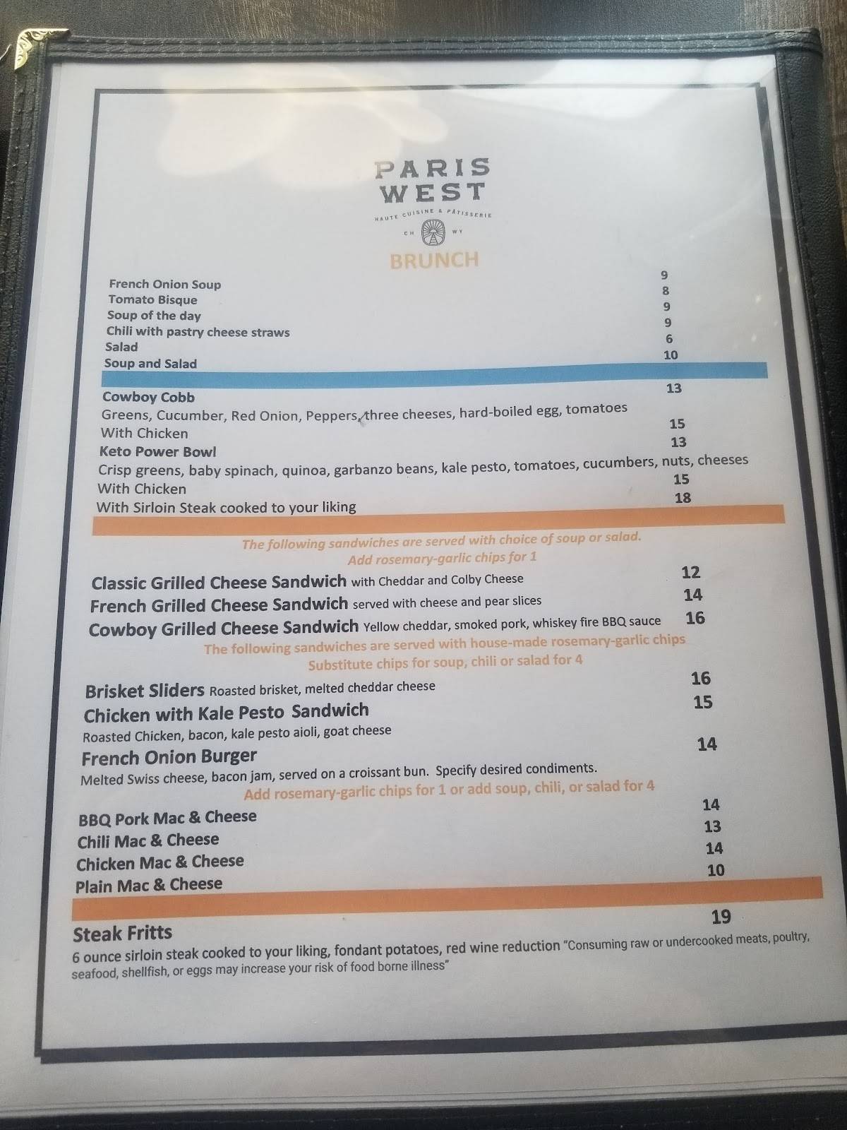 Menu at Paris West restaurant, Cheyenne