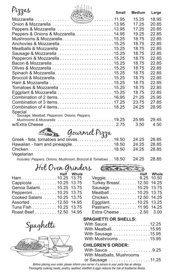 Menu at Park Lane Pizza pizzeria, West Hartford