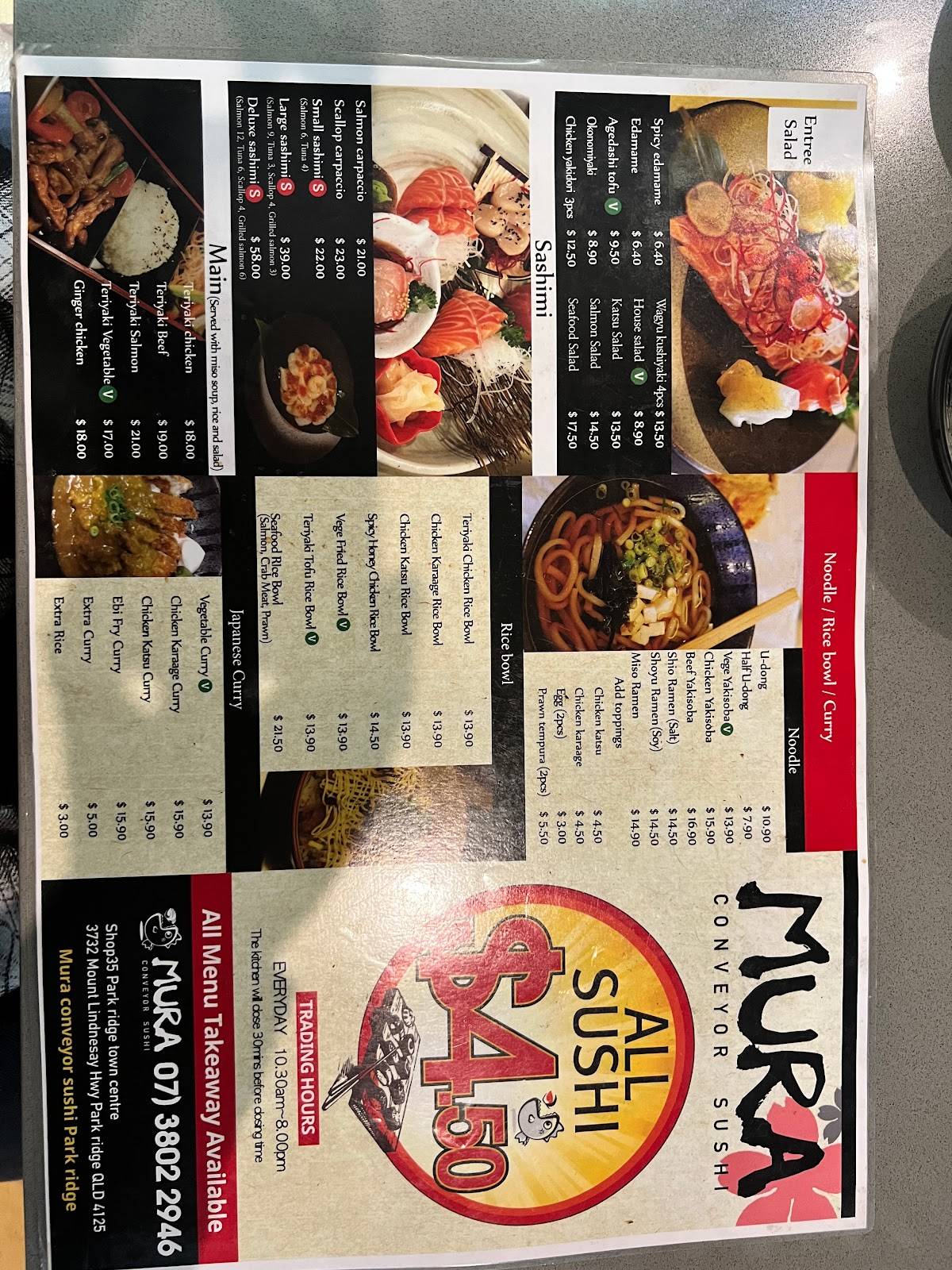 Menu at Mura Conveyor Sushi restaurant, Park Ridge