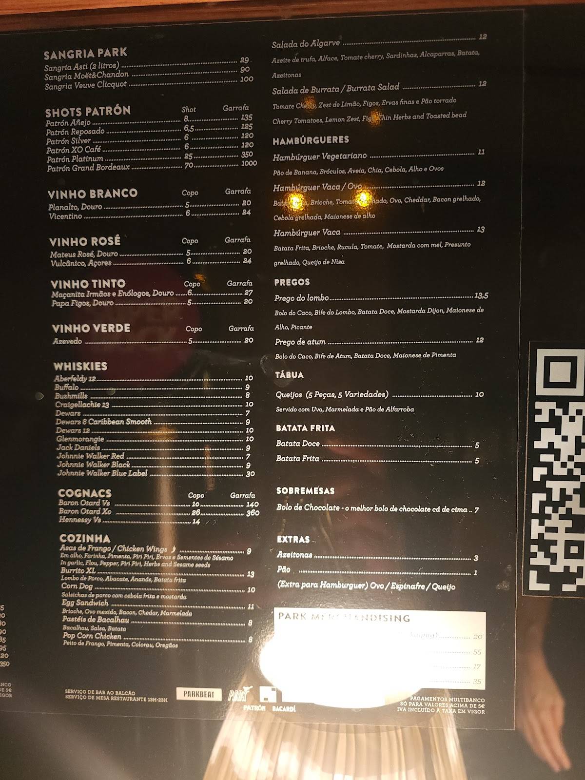 Menu at Park Rooftop pub & bar, Lisbon, Calçada do Combro 58