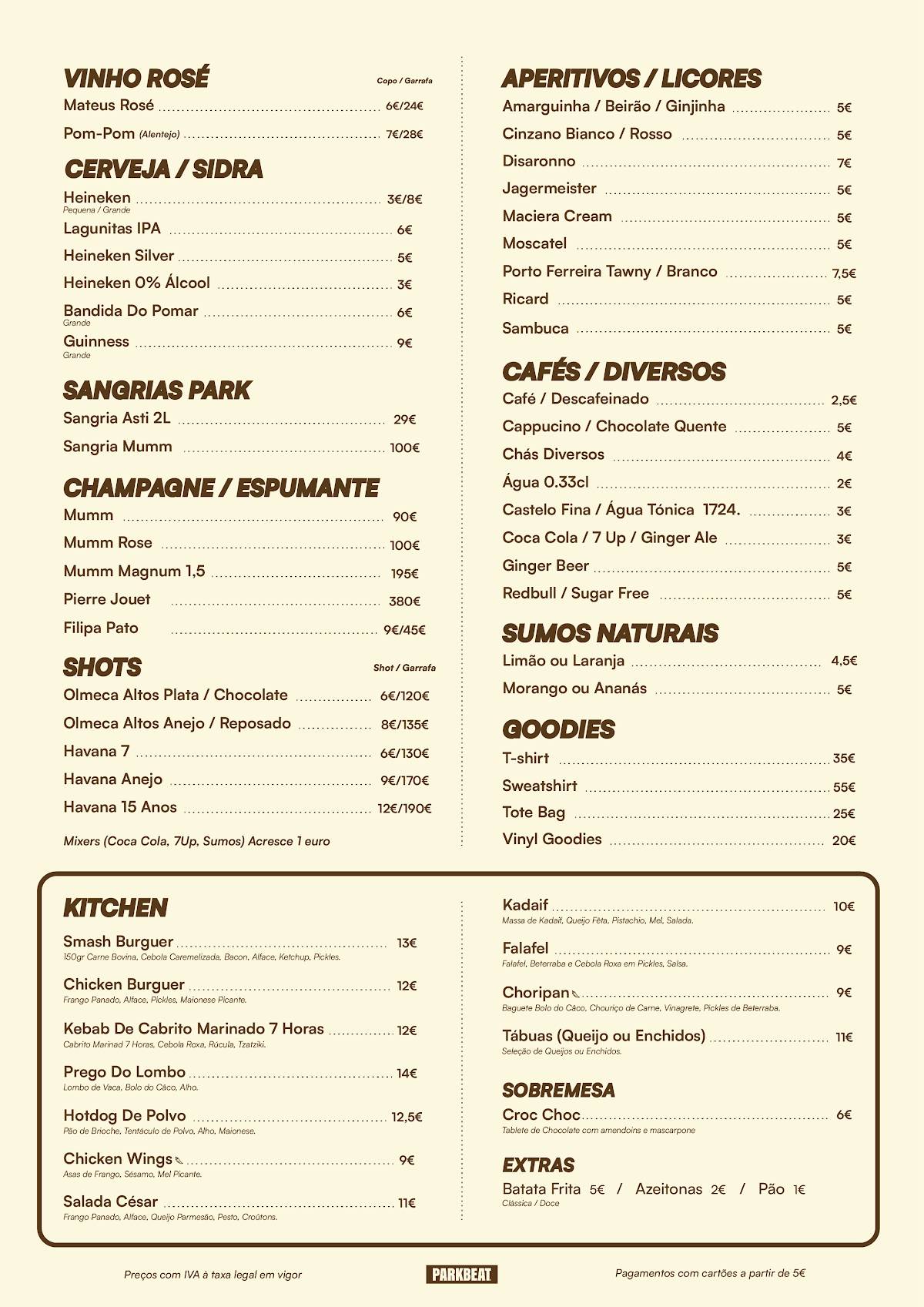 Menu at Park Rooftop pub & bar, Lisbon, Calçada do Combro 58