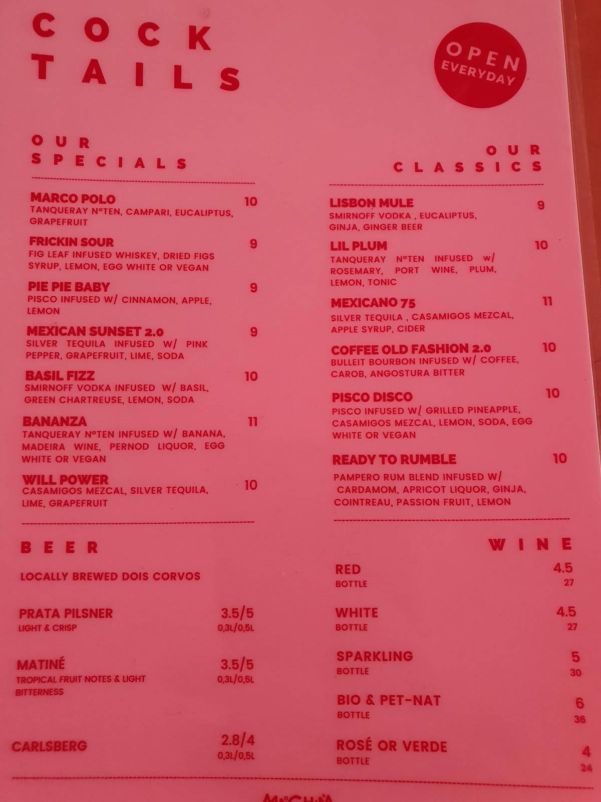 Menu at Park Rooftop pub & bar, Lisbon, Calçada do Combro 58