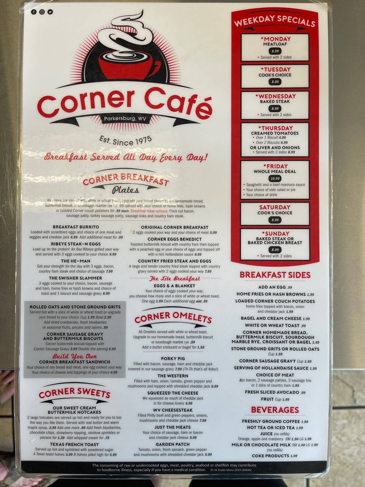 Menu at Corner Cafe, Parkersburg, 231 Ann St