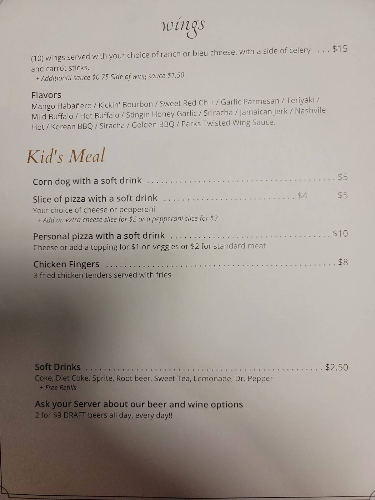 Menu at Parks Twisted Pizzeria and Grill, Tallahassee