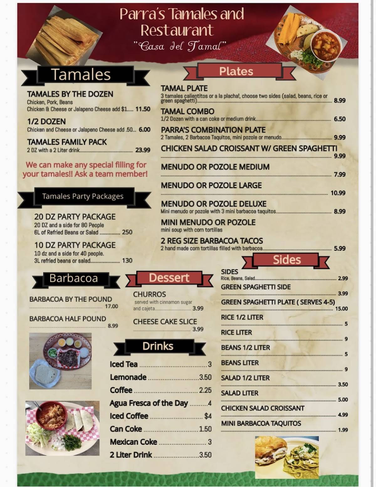 Carta de Parra's Tamales And Restaurant, Los Fresnos, FM 803 A2