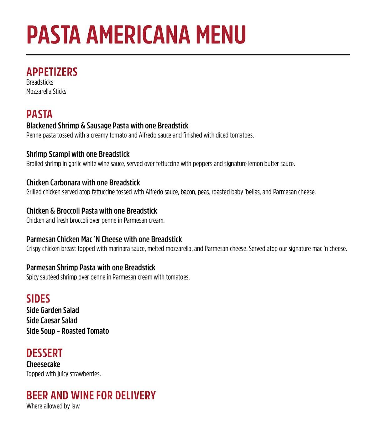 Menu at Pasta Americana restaurant, Winder