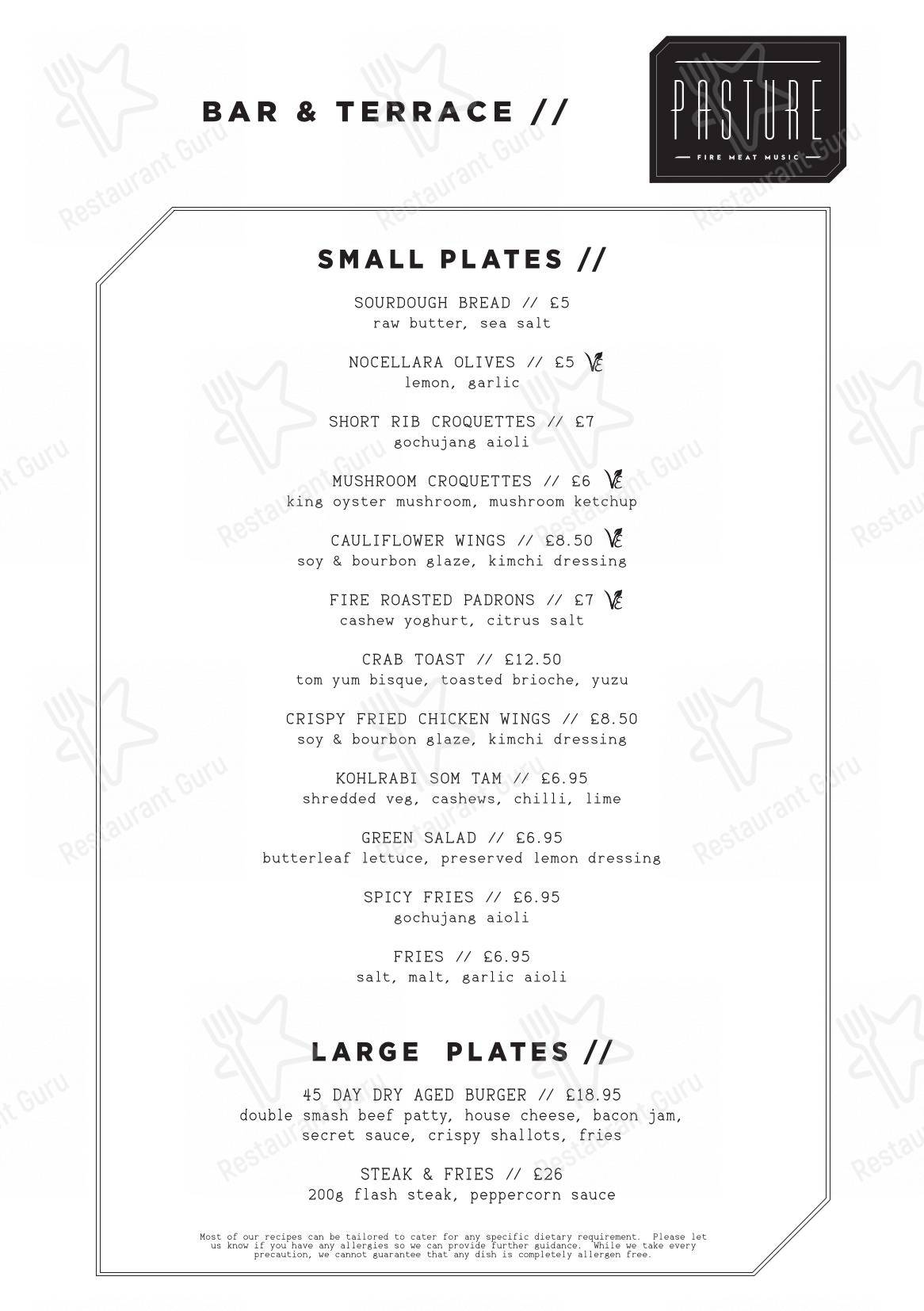 Menu at Pasture Birmingham restaurant, Birmingham