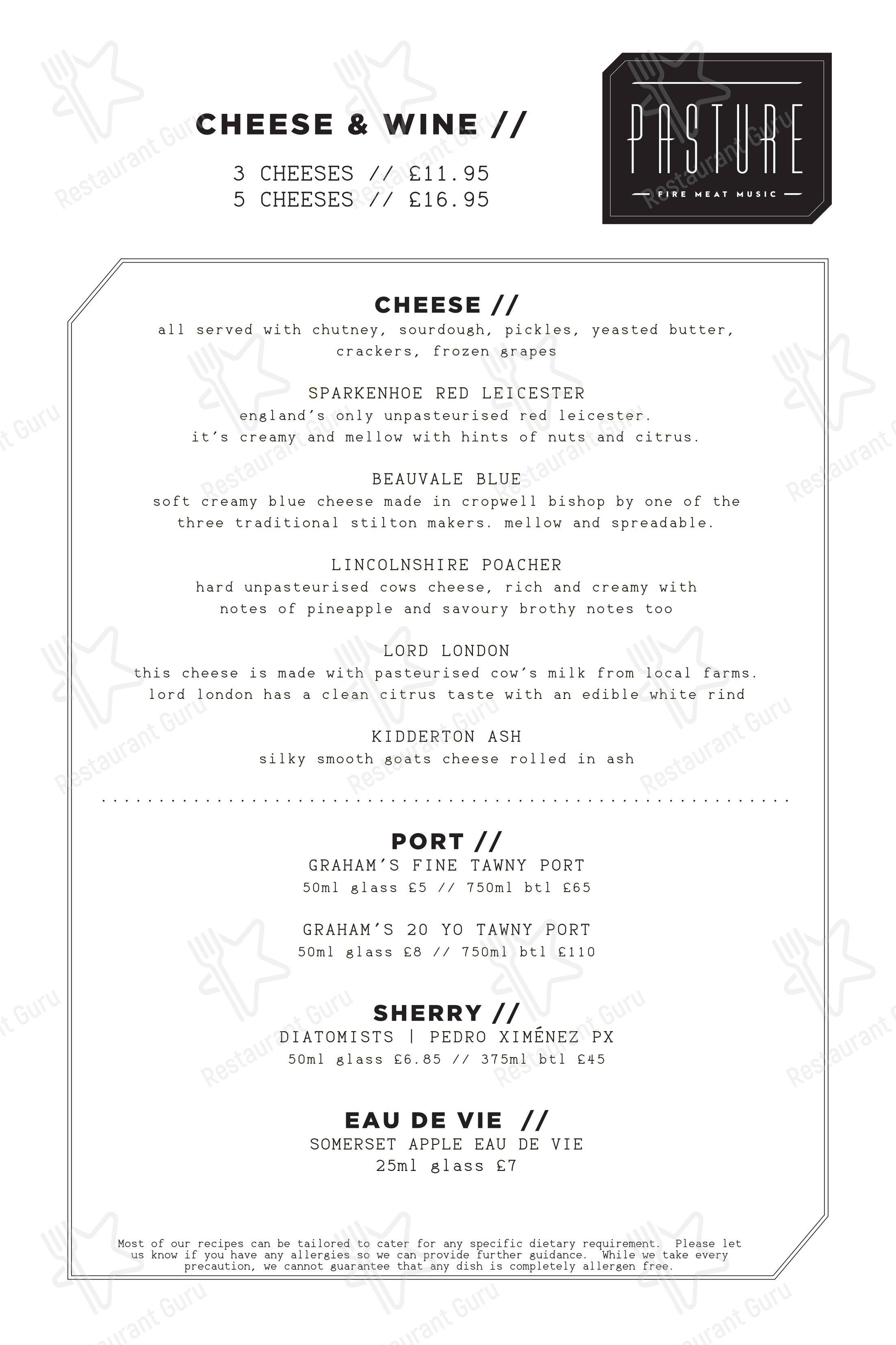 Menu at Pasture Birmingham restaurant, Birmingham