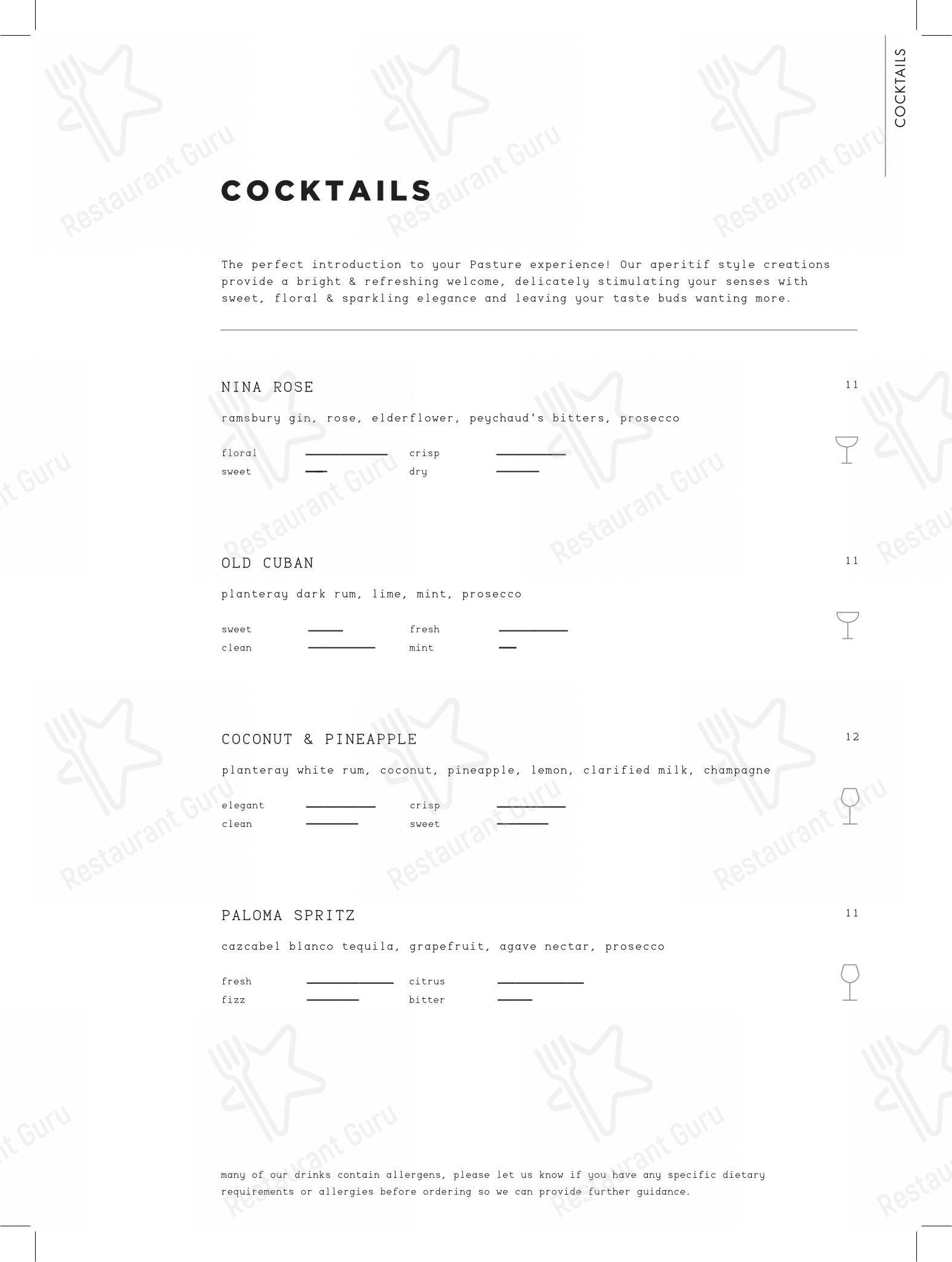 Menu at Pasture Birmingham restaurant, Birmingham