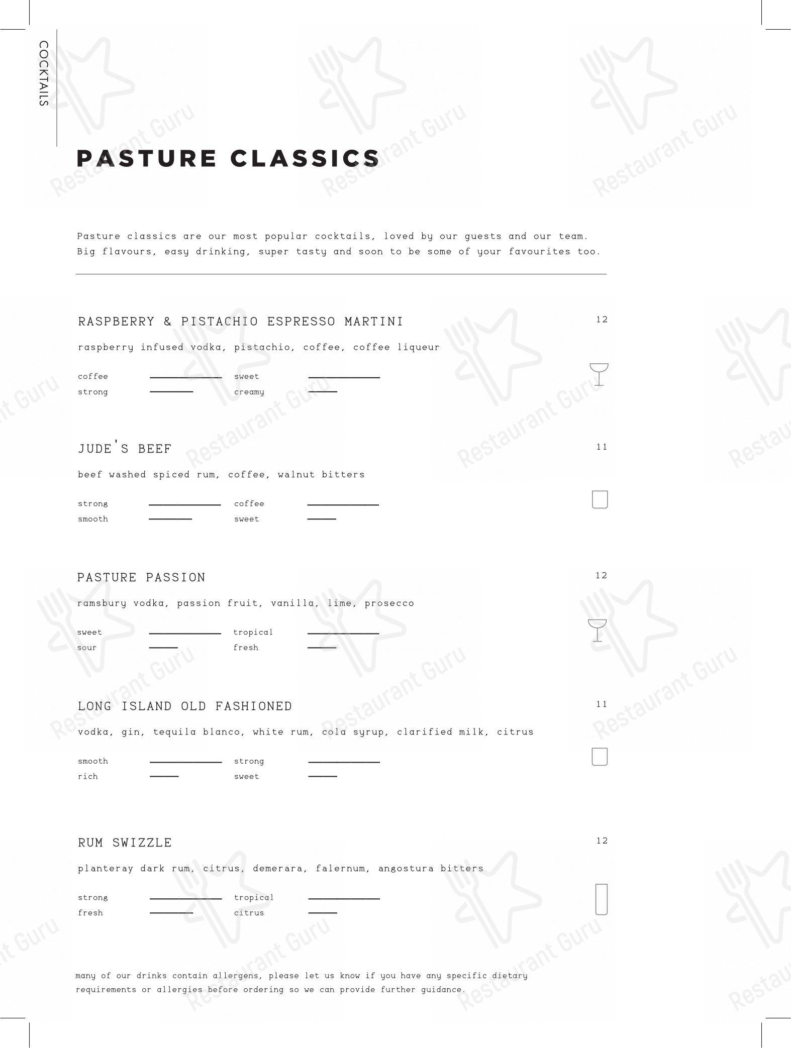 Menu at Pasture Birmingham restaurant, Birmingham