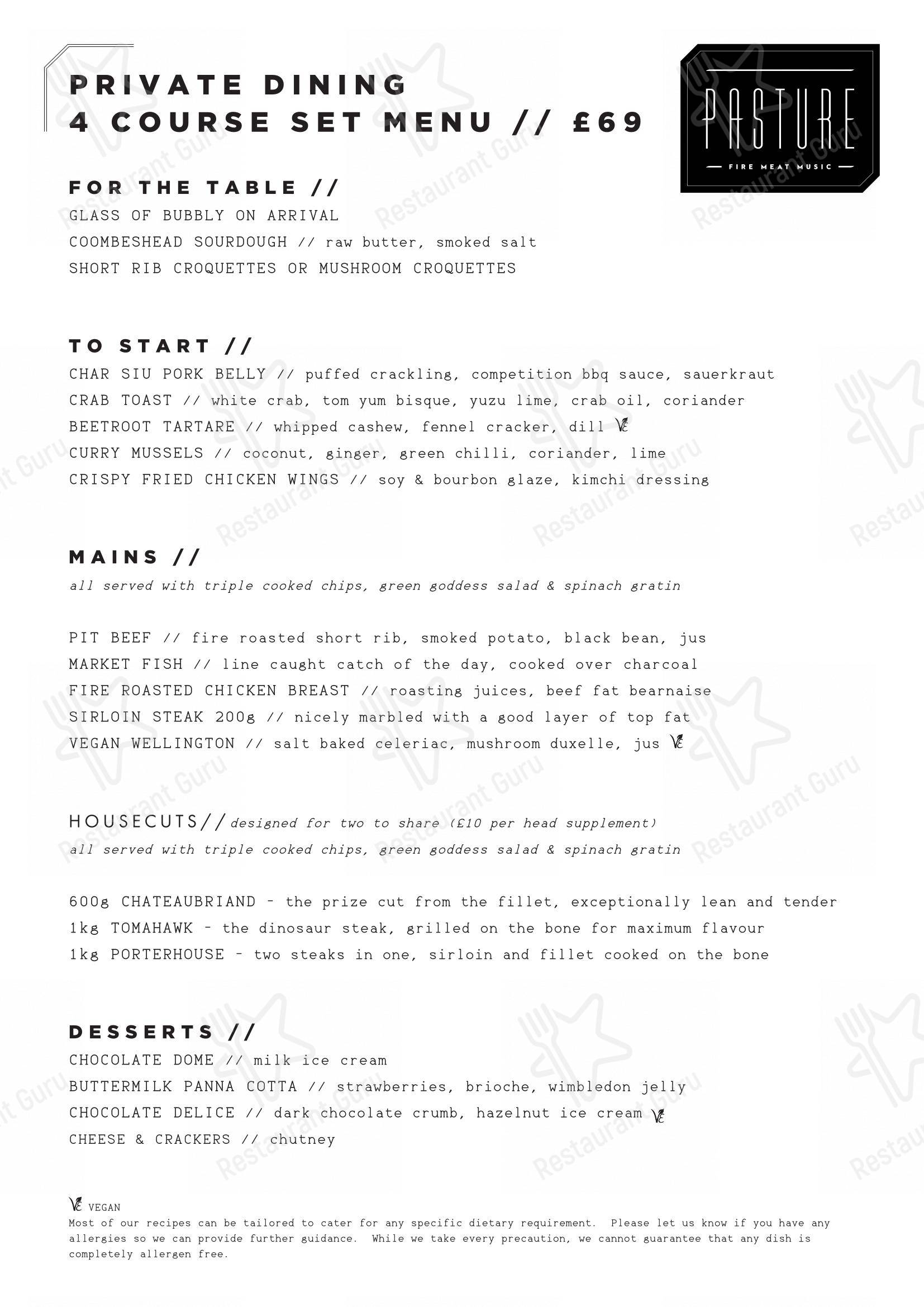 Menu at Pasture Birmingham restaurant, Birmingham