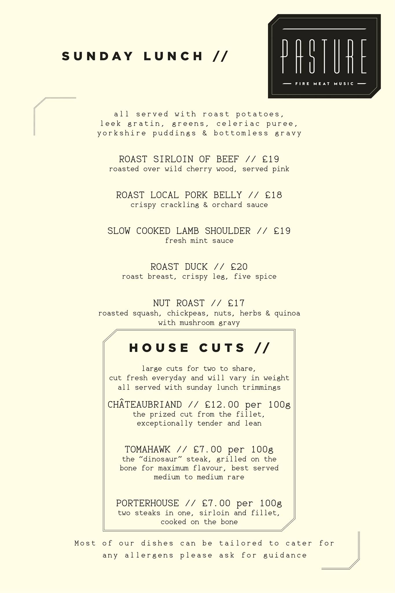Menu at Pasture Restaurant Cardiff, Cardiff