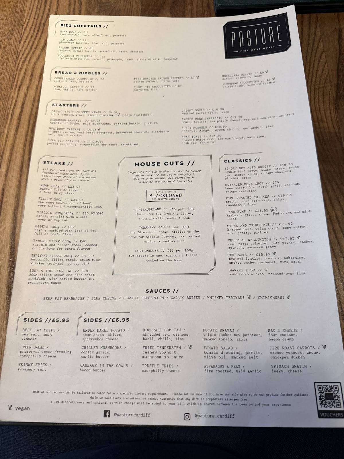 Menu at Pasture Restaurant Cardiff, Cardiff