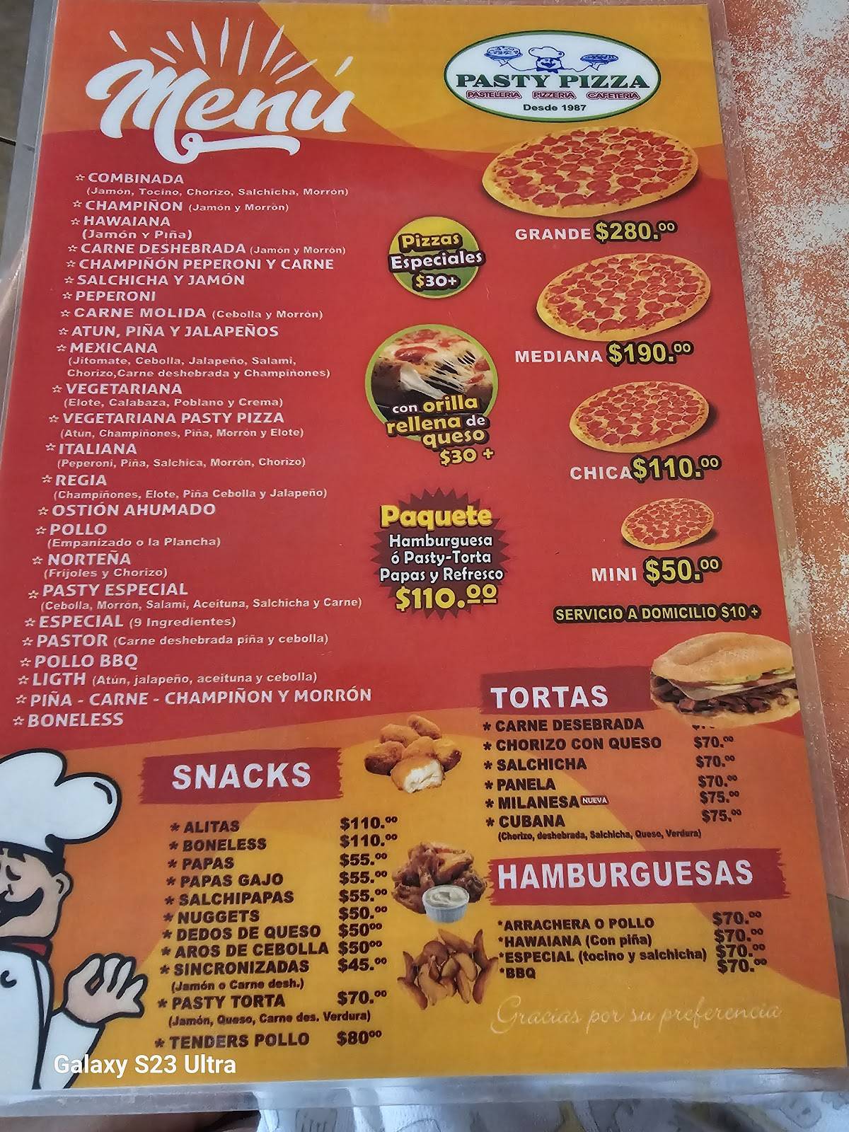 Carta de pizzería Pasty Pizza, Los Reyes de Salgado
