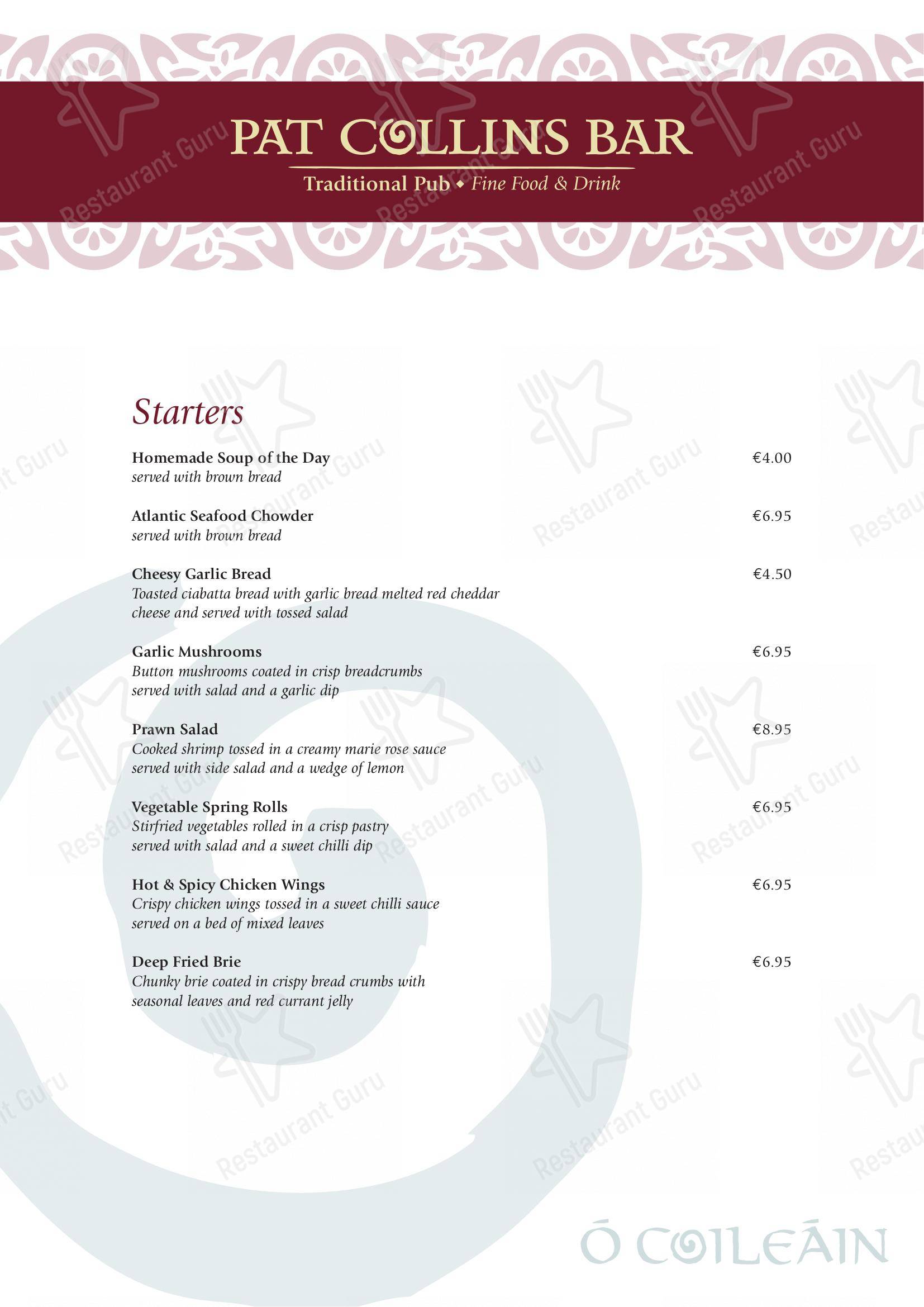 Menu at Pat Collins Bar, Adare