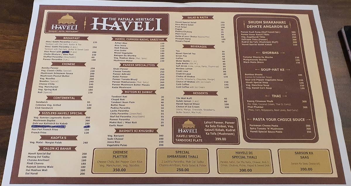 Menu at Patiala Heritage Haveli, India