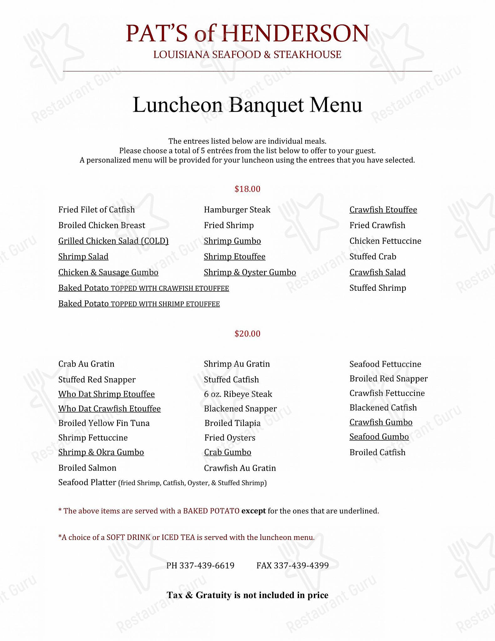 Menu at Pat's of Henderson steakhouse, Lake Charles