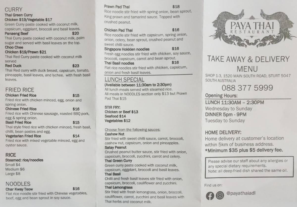 Menu at Paya Thai Restaurant, Sturt